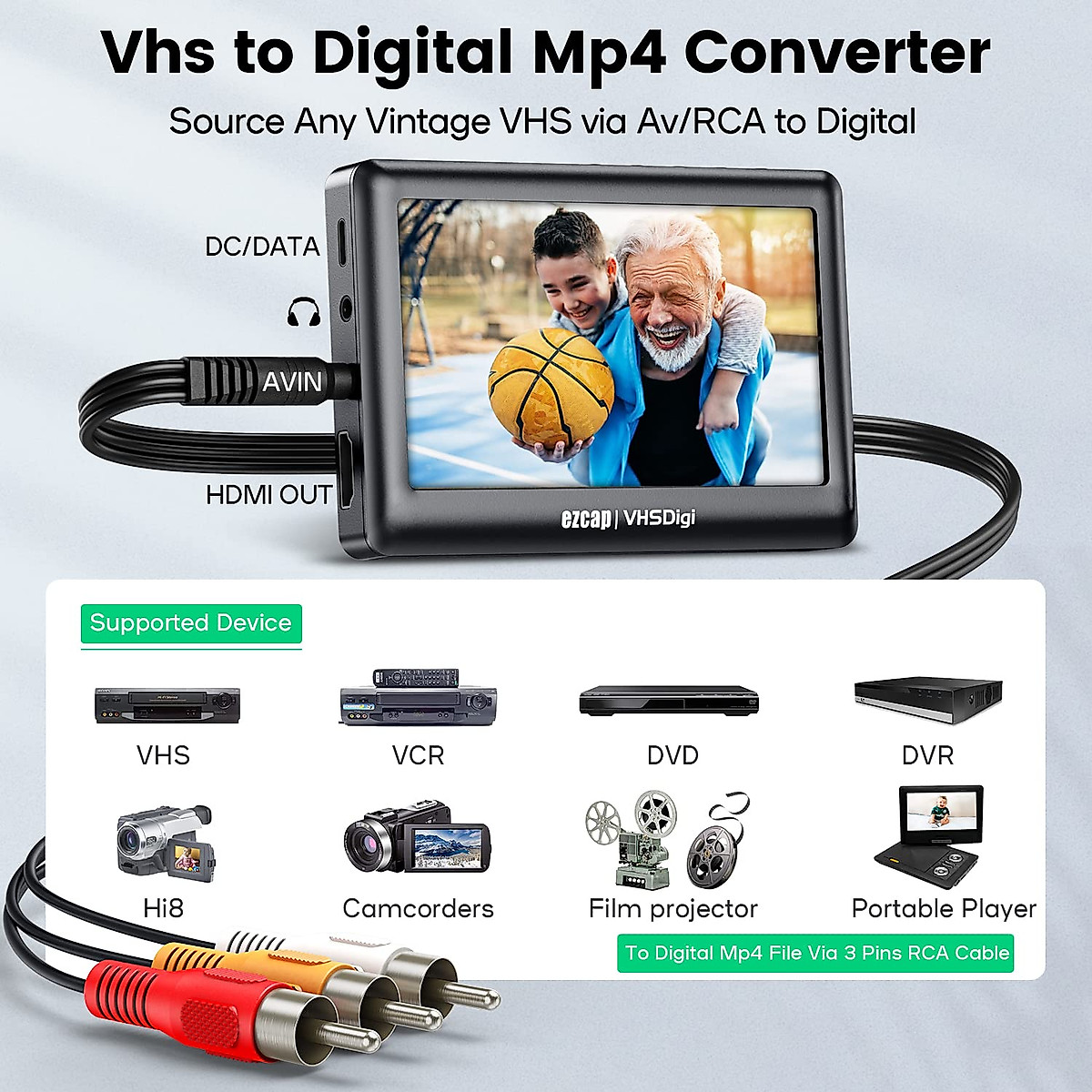 Convert Vhs to Digital Mp4 - Vinyl Cassette CD Player to Mp3 Converter - Vintage Video Audio Capture Box Adapter for Hi8 Player/8mm Tape/Vhs-c/Camcorder / Mini Dv Deck, Substitute Vhs to Dvd Machine