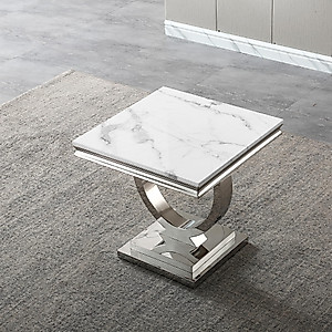 Modern White Faux Marble End Table, Luxury Square Sofa Side Table, Mid Century Elegant End Bedside Table with Mirrored Silver Stainless Steel Pedestal Base for Living Room Bedroom Couch