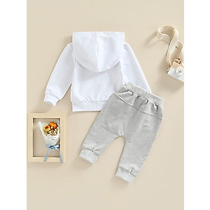 VISGOGO Infant Baby Boy Clothes Set Letter Printed Long Sleeve Hooded Pullover Tops + Elastic Drawstring Pants with Pockets (A-BUBS-White, 3-6 Months)