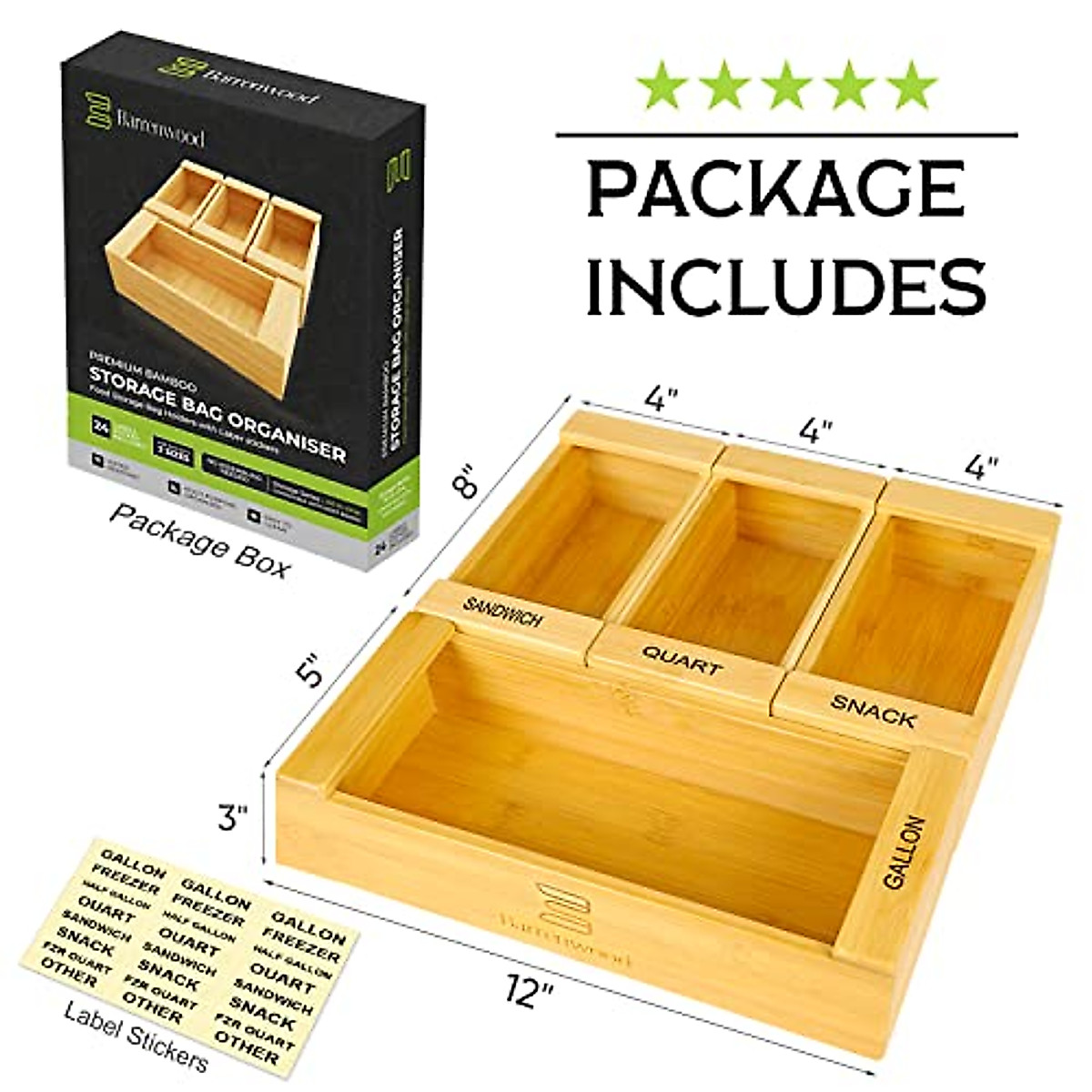 Barrenwood Ziplock Bag Storage Organizer, Storage Bag Organizer, 4 Separate Baggie Organizer, Ziplock Bag Storage Organizer for Kitchen Drawer, Compatible with Gallon, Quart, Sandwich & Snack Variety Size Bags