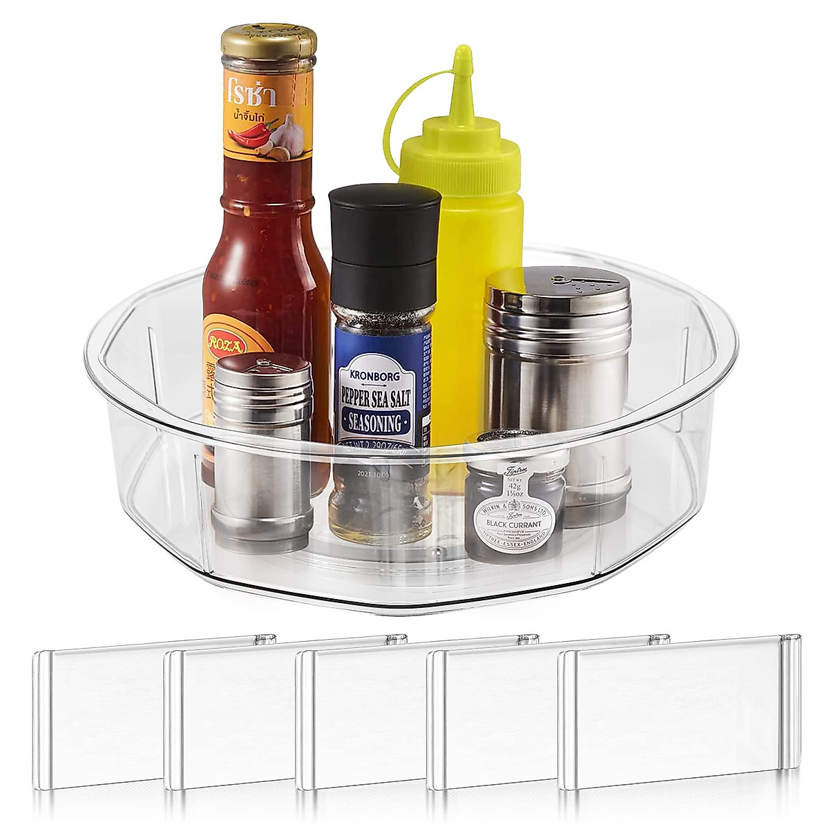 Lazy Susan Organizer for Cabinet, Round Turntable Organizer with 5 Dividers Pantry Plastic Clear Storage for Fridge Living Room Kitchen Spice Rack Foods Cosmetics Perfumes Organization