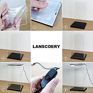 LANSCOERY Clear Acrylic Display Case with LED Light, Large Showcase and Display Box, Dustproof with UV Protection, Perfect for Figures Collectibles - 11.8x11.8x15.7inch