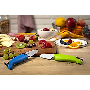 Kuhn Rikon KinderKitchen Children’s Knife, Set of 3 - Including Scissors, Green, Blue & White