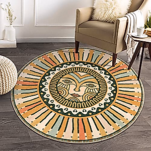 Sungea Retro Sun Round Rug for Bedroom, 4ft Soft Circle Washable Area Rug, Entryway Non-Slip Low Pile Throw Rugs, Carpet for Sofa Nursery Living Dining Room