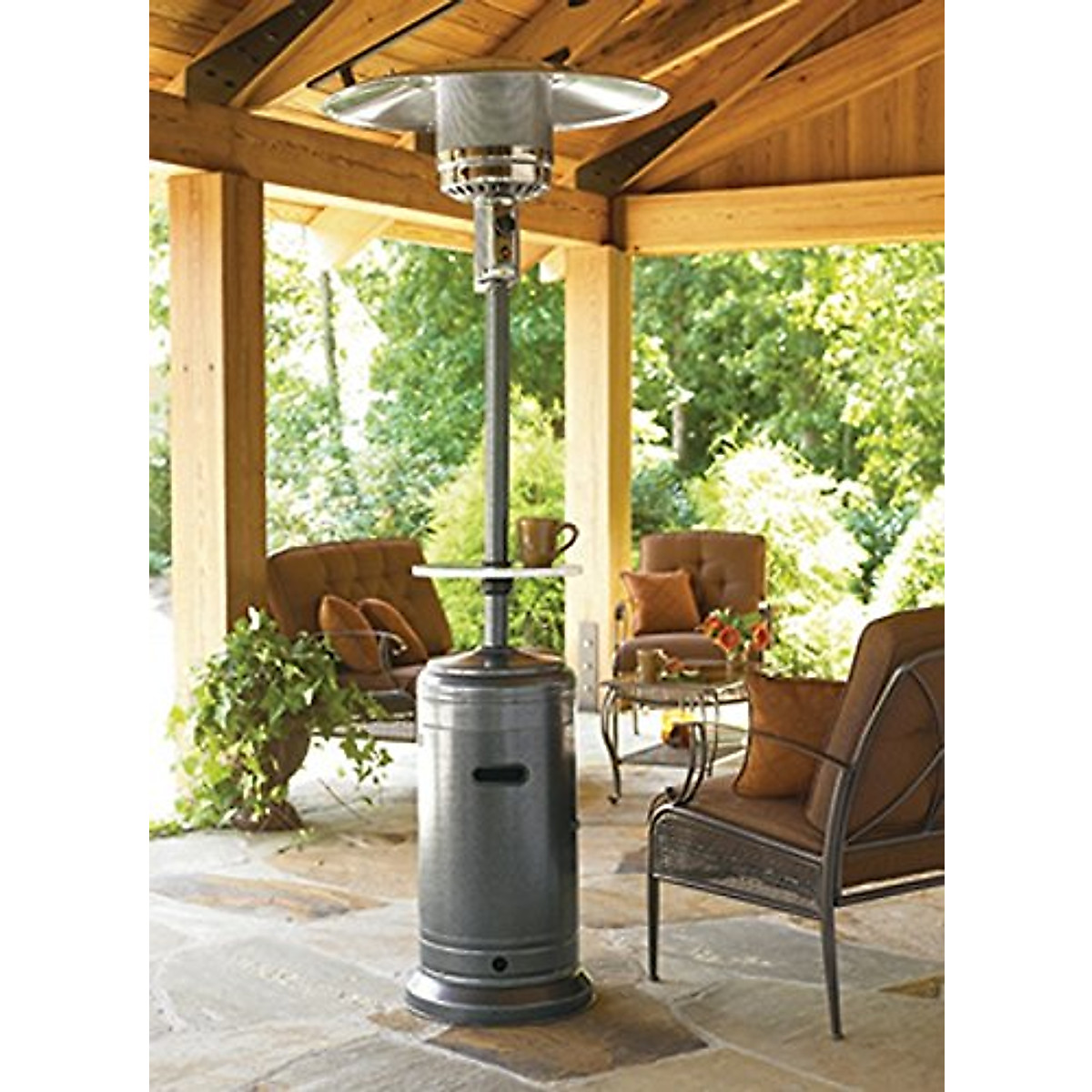 Hiland HLDS01-WCBT 48,000 BTU Propane Patio Heater w/Wheels and Table, Large, Hammered Silver
