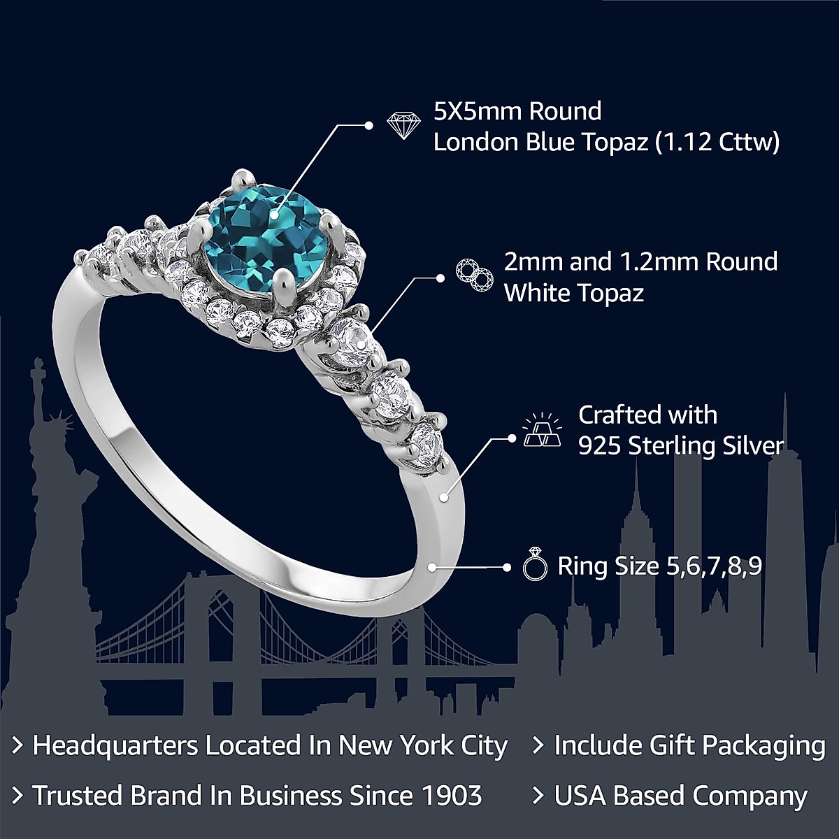 Gem Stone King 925 Sterling Silver Round London Blue Topaz and White Created Sapphire Engagement Ring For Women (1.12 Cttw, Round 5MM, Gemstone Birthstone, Available 5,6,7,8,9) (Size 8)