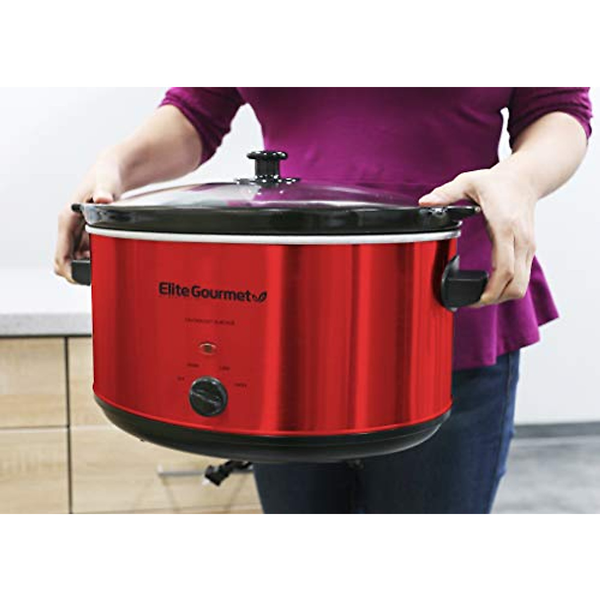 Elite Gourmet MST-900RXT# Electric Ceramic XL Jumbo Slow Cooker, Adjustable Temp, Entrees, Sauces, Stews & Dips, Dishwasher Safe Glass Lid & Crock, 8.5Qt, MetallicRed