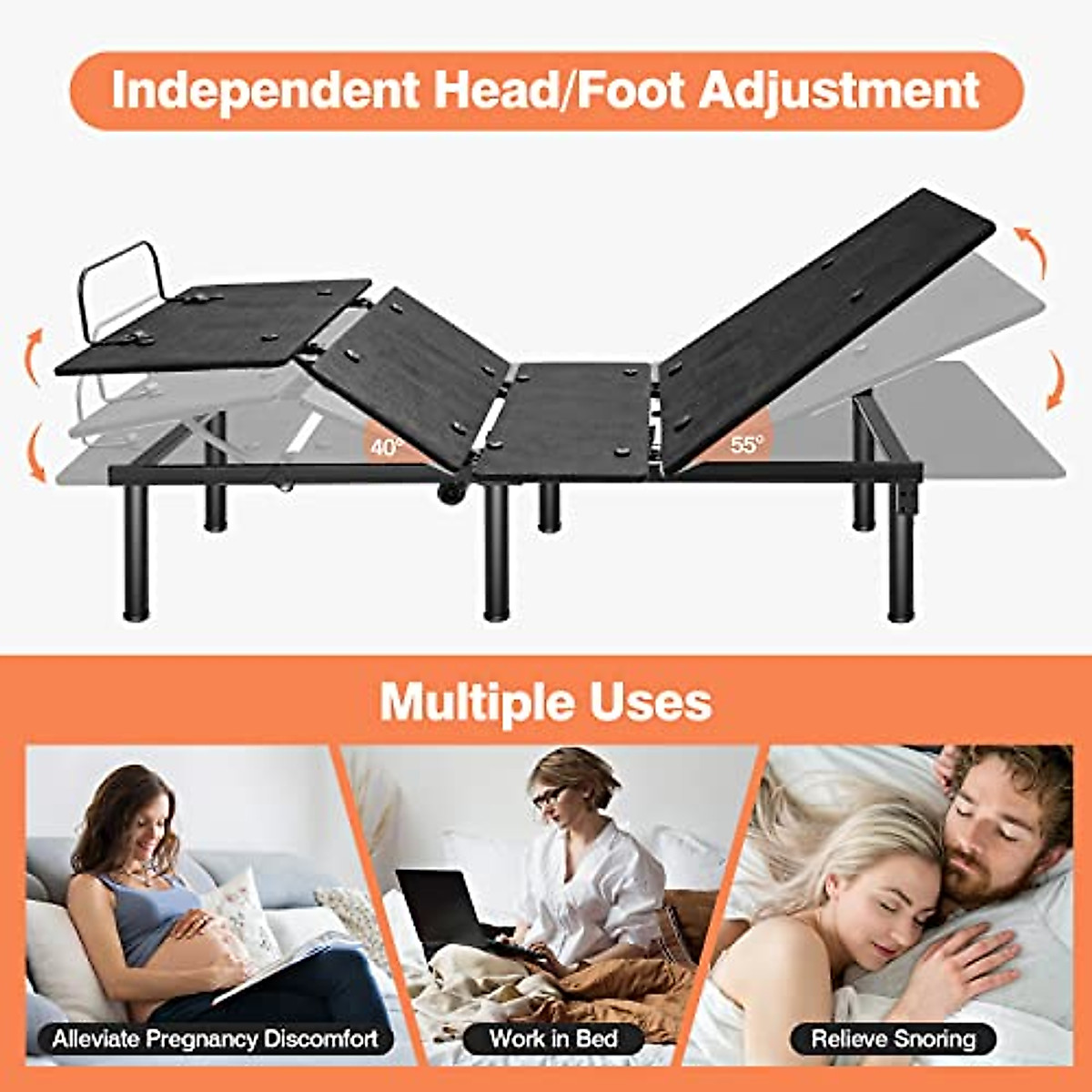 KOMFOTT Adjustable Bed with Transformable Cutting Mattress, Electric Adjustable Bed with Remote Control, Independent Head & Foot Adjustment, LED Light & USB Ports, Mattress with CertiPUR-US Certified