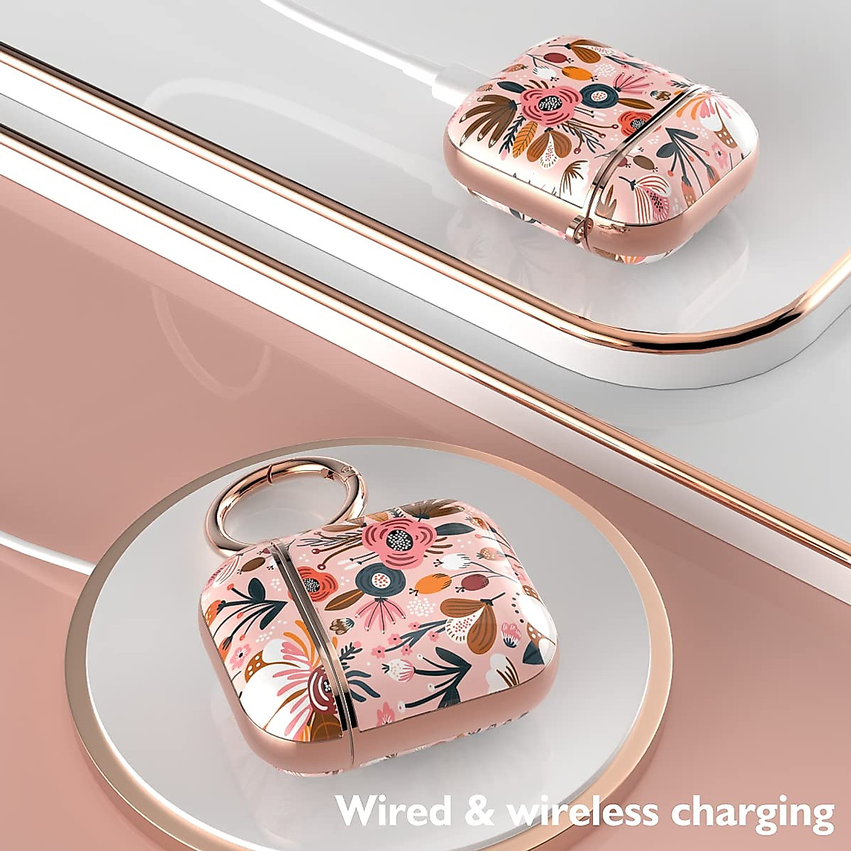 TATOFY Case Cover for AirPods 1&2, Stylish AirPods Case for Women Girls, Flower Patterns Protective Hard Case with Clip (Pink)