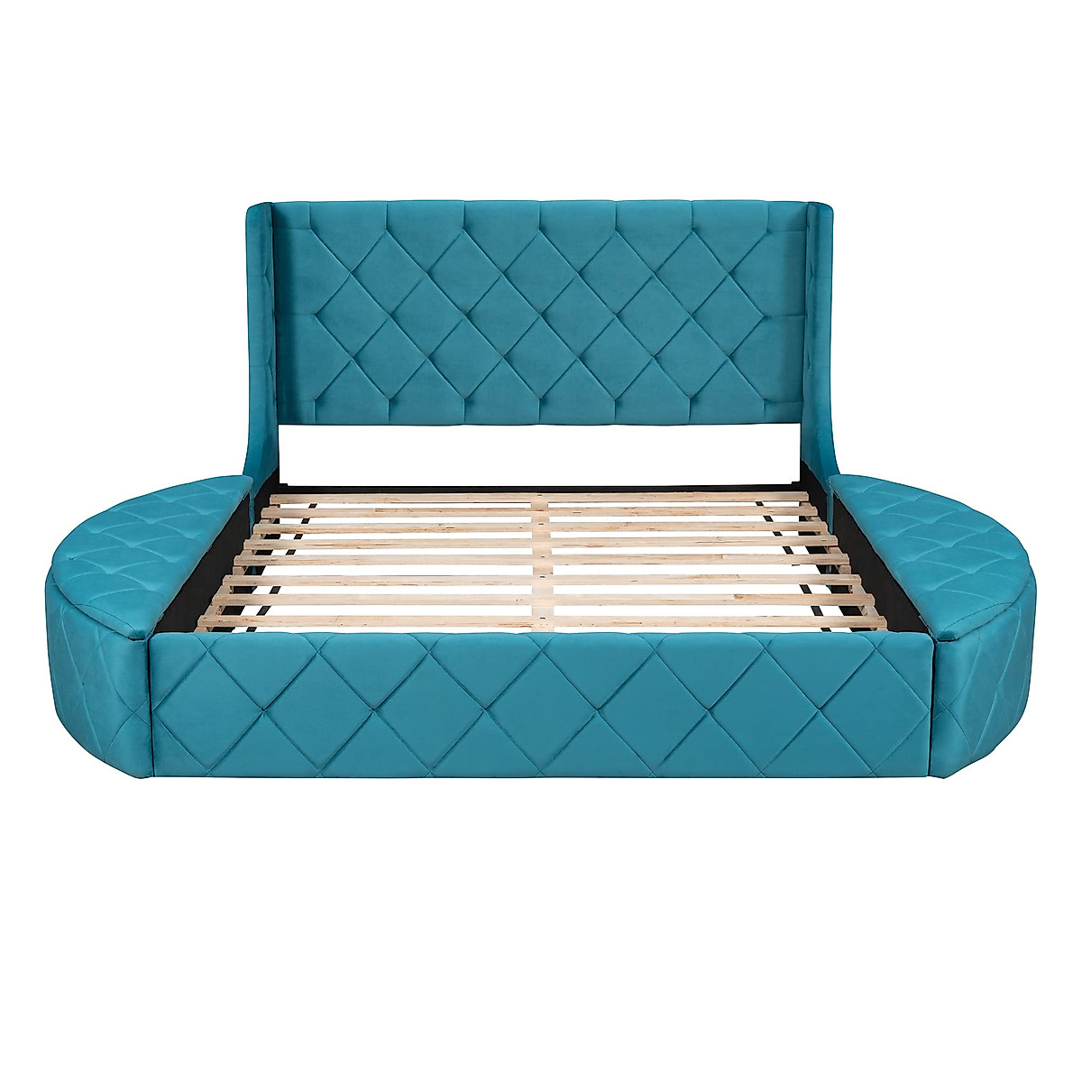 HomSof Upholstered Platform Bed Queen Size Storage Blue Velvet Bed with Wingback Headboard, 1 Big Drawer and 2 Side Storage Stool