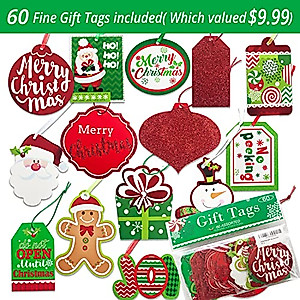 24 Large Kraft Christmas Gift Paper Bags Bulk with handles and 60 Count Christmas Gift Tags-12 Designs big size sacks set for Wrapping Xmas Holiday Presents
