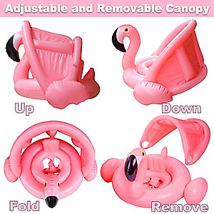 Flamingo Baby Swimming Ring with UPF 50+ Canopy Back Holder & Wings Airbag Never Flip Over, Inflatable Baby Pool Float Sunshade for 8-36 Months Infant Toddler Beach Water Toys Summer Luau Party Favors