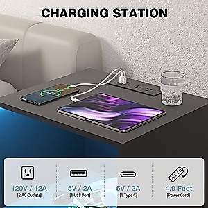 HOMMPA Open Shelf LED Nightstand with Charging Station Modern Black Bedside Table with Led Light 2 Drawers End Side Table High Gloss Night Stand Smart Nightstands Night Table for Bedroom 26.77in Tall