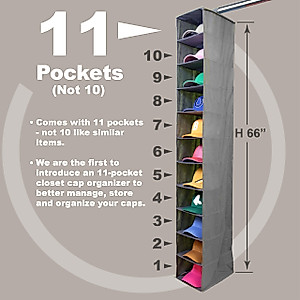 Perfect Curve 11-Pocket Closet Cap Organizer. 11 Shelf Hanging Closet Hat Organizer for Baseball Caps - Hat Storage For Up To 100 Caps - Baseball Hat Organizer - Gray