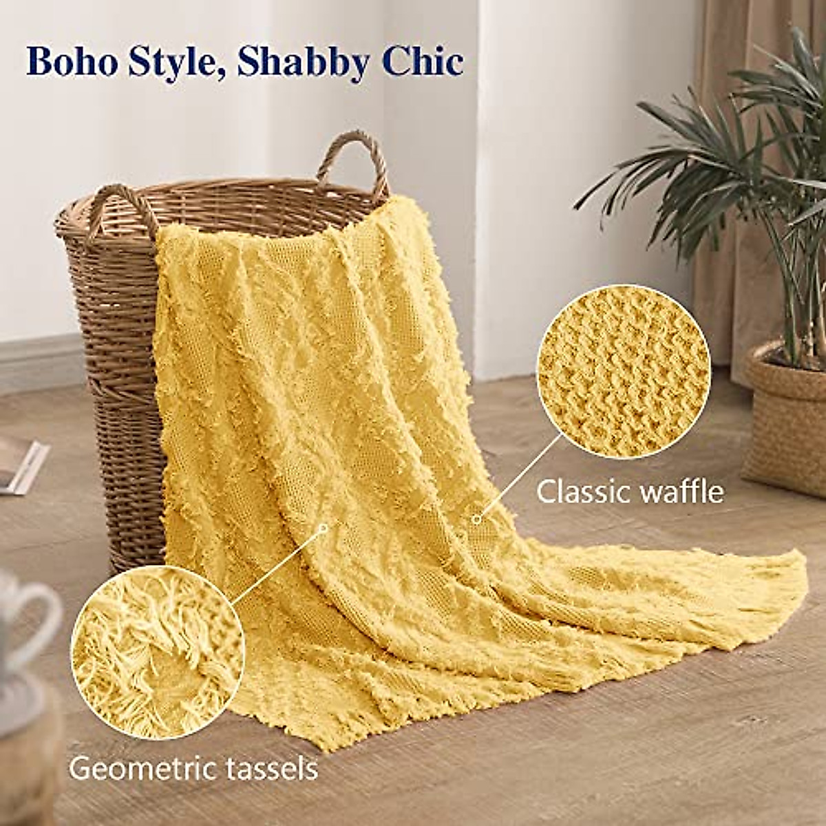 Simple&Opulence 100% Cotton Throw Blanket for Bed, Couch, Boho Textured Geometric Knit Woven Blanket with Tassels Soft, Lightweight Breathable Shabby Chic Farmhouse Decoration for All-Season(Yellow)