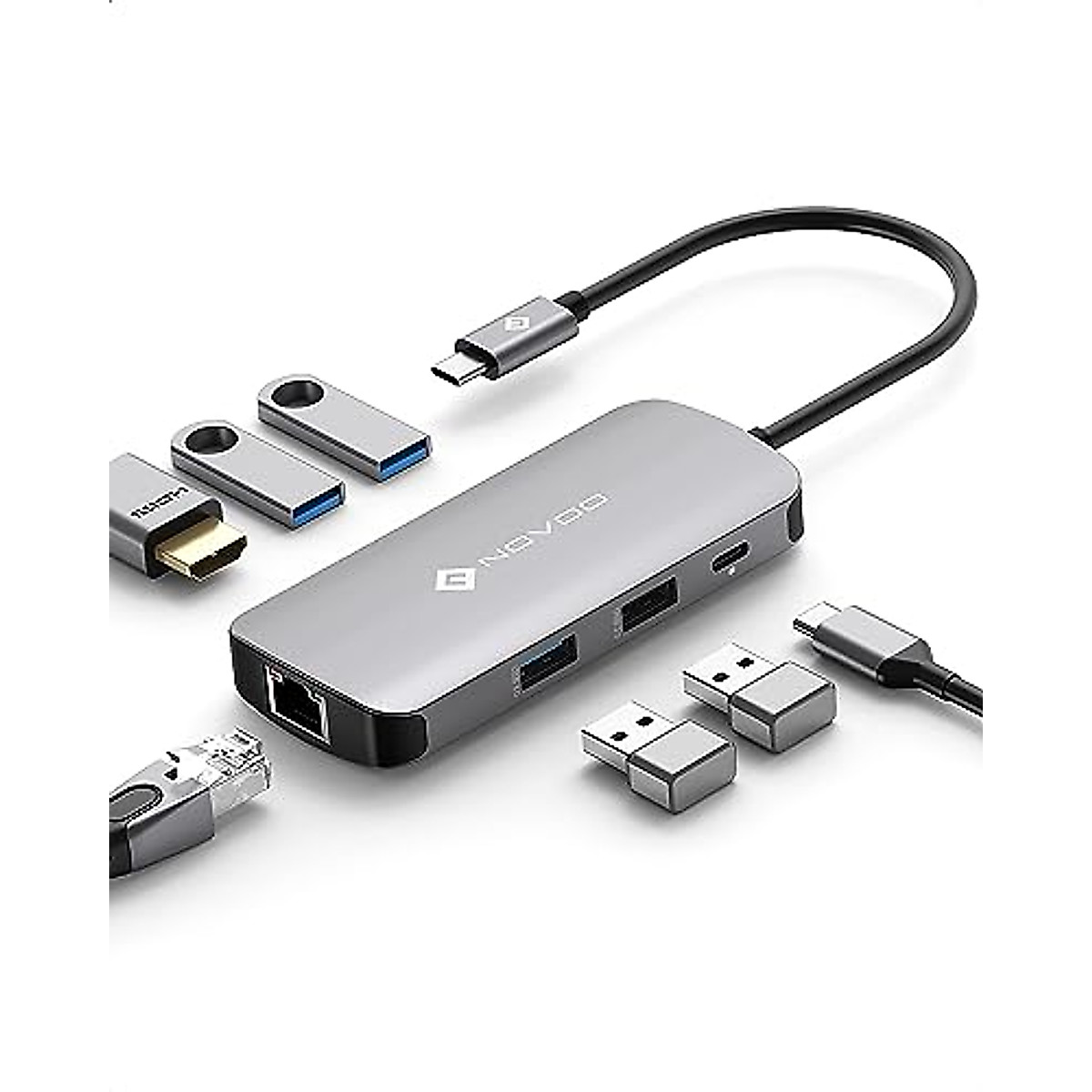 NOVOO USB C Hub Multiport Adapter to 4K HDMI, 1Gbps Ethernet, 100W PD Charging, USB C to USB x 4, 7 in 1 USB C Adapter for M1/M2 MacBook Pro/Air Dell HP Lenovo ASUS Surface