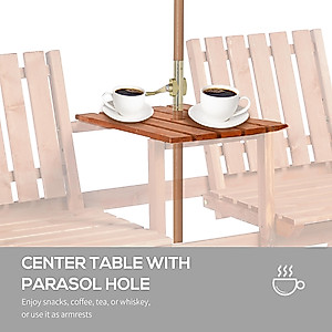 Outsunny Patio Bench, Garden Bench with Middle Table and Umbrella Hole, Wooden Outdoor Bench for Patio, Porch, Poolside, Balcony, Orange