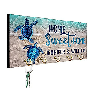 MUCHNEE Personalized Beach House Key Holder for Wall - Home Sweet Home, Customized Key Hook Decor for Kitchen, Living Room - Gifts with Custom Family Name for Couple, Wife, Husband, Family, Friends