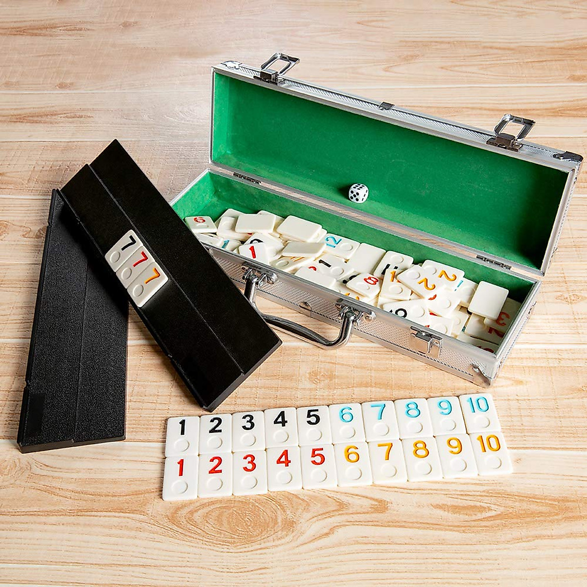 Homwom 106 Tiles Rummy Game - Travel Games Rummy Board Game Rummy Set with Aluminum Case & 4 Anti-Skid Durable Trays