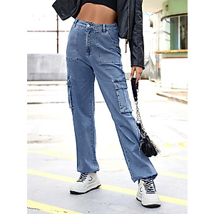 ZMPSIISA Women High Waisted Cargo Jeans Pants Wide Leg Casual Denim Pants 6 Pockets Combat Military Trousers(Denim Blue,X-Large)