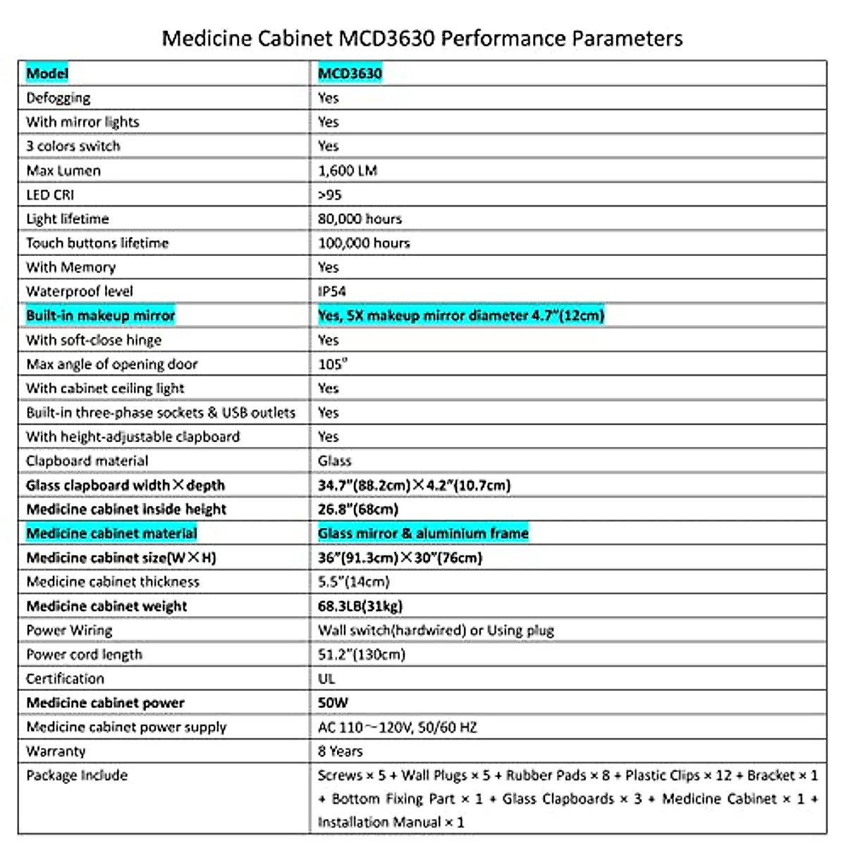 YINVANI Lighted Medicine Cabinets, 36×30 Inch Bathroom Cabinet Wall Mounted with Defogger Mirror, with LED Lights Dimmer and 3 Colors Switch, 5X Makeup Mirror Inside with Sockets MCD3630