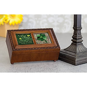 Cottage Garden Good Friend Four Leaf Clover Woodgrain Rope Trim Petite Music Box Plays Irish Lullaby