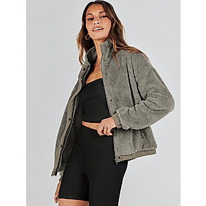 ANRABESS Womens Fleece Jacket Casual Long Sleeve Cropped Sherpa Button Down Fuzzy Warm Coats Fall Outwear With Pockets Grey Medium