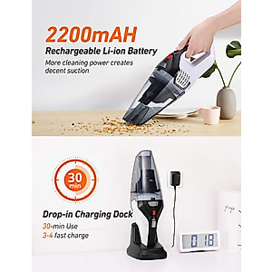 Handheld Vacuum Cordless Rechargeable, 8500Pa Powerful Handheld Vacuum Cleaner for Wet&Dry Use, Portable Handheld Vacuum Cleaner for Car/Home/Pet Hair Cleanup, Vac with Charging Dock&2 HEPA Filters