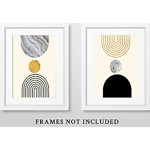 Abstract Wall Art Prints, Boho Minimalist Wall Art Décor, Set of 2 Unframed 11X14 Mid Century Modern Geometric Shapes in Black, Blue, Gold, Gray. Modern and Contemporary Décor for your Living Room