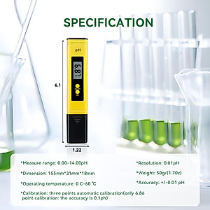 HEYAXA Digital PH Meter for Water, 0.01 PH High Accuracy Pen Type PH Tester for Household Drinking Water, Aquariums, Swimming Pools, PH Range 0-14（Yellow)