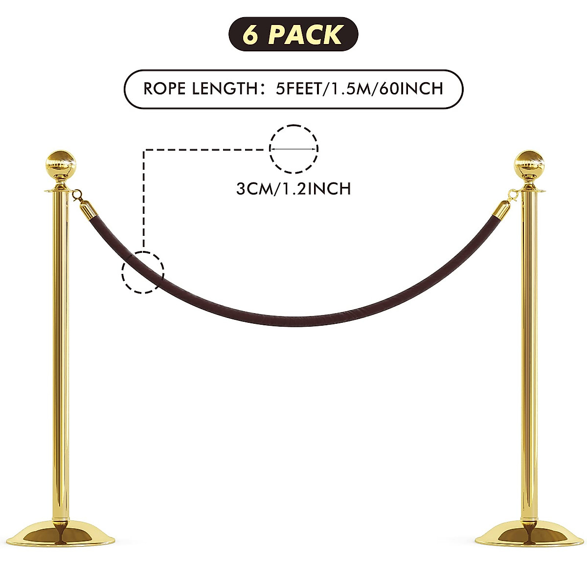 6 Pack Velvet Stanchion Rope, 5 Feet Crowd Control Stanchion Ropes Safety Barrier with Gold Plated Hook for Carpet Events Movie Theaters Grand Openings Hotels Party (Black,6 Pcs)