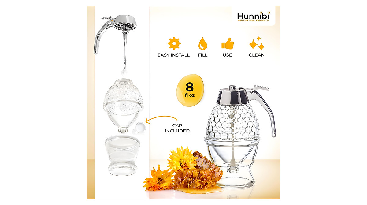 Hunnibi Honey Dispenser No Drip Glass with Honeycomb Design