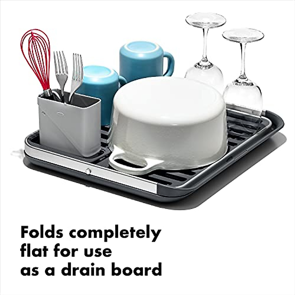 OXO Good Grips Aluminum Fold Flat Dish Drying Rack, 2-Tier, with Drainboard, for Kitchen Counter, Collapsible & Good Grips Stronghold Suction Sinkware Organizer - Gray, One Size