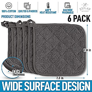 Zulay 6-Pack Pot Holders for Kitchen Heat Resistant Cotton - 7x7 Inch Hot Pot Holder Set - Quilted Terry Cloth Potholders for Kitchens - Washable Potholder for Cooking & Baking (Gray)