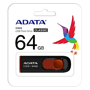 ADATA C008 64GB USB 2.0 Retractable Capless Flash Drive, Black/RED (AC008-64G-RKD)