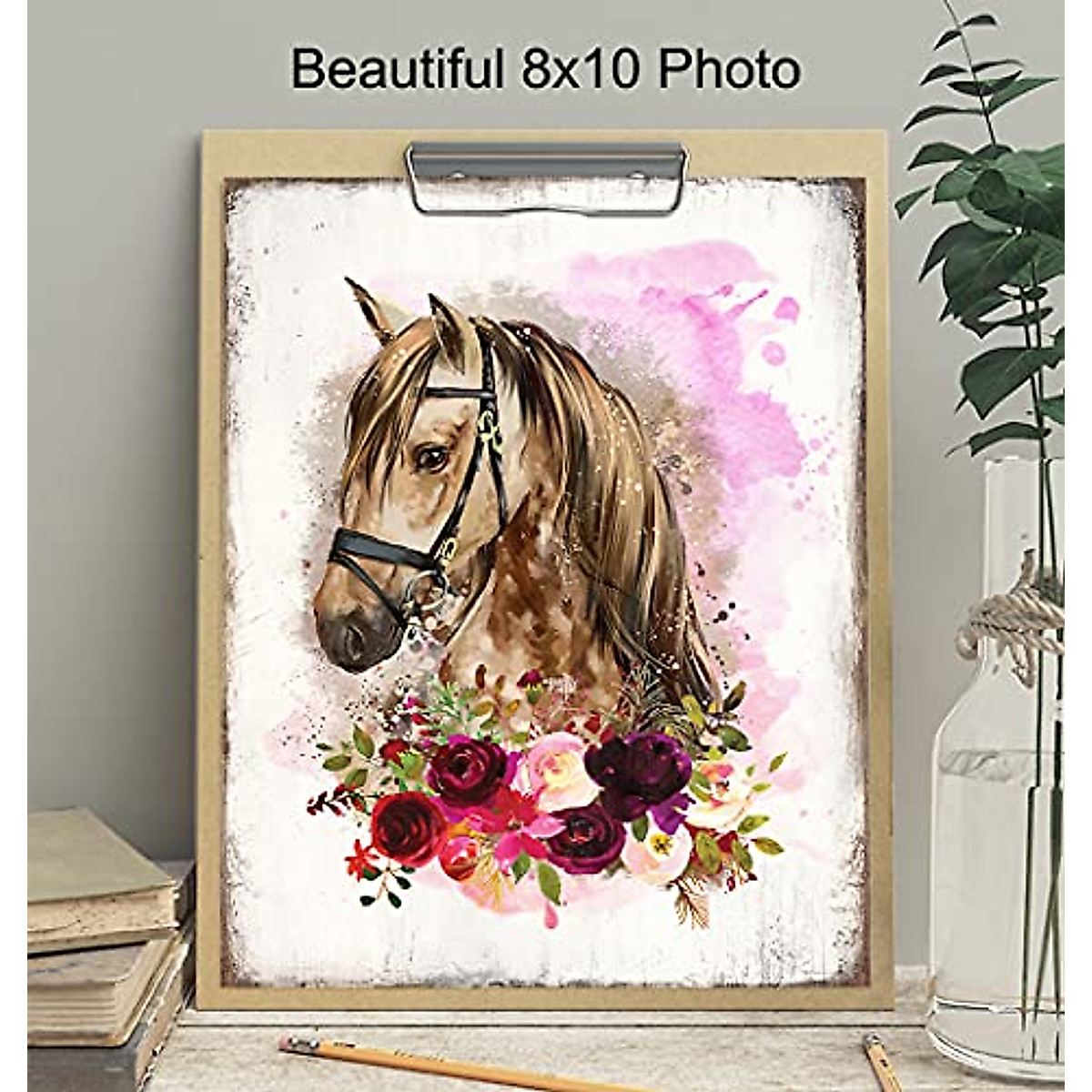Boho Horse Wall Art & Decor - Rustic Farmhouse Barn Wall Decor for Girls Bedroom, Office, Living Room - Country Western Shabby Chic Decorations - Gift for Equestrian Women - Pink Pony Poster