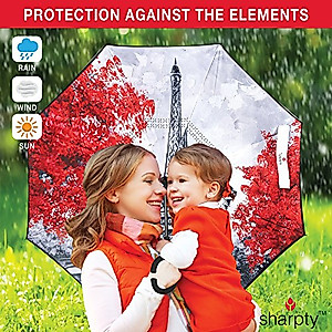 Sharpty Inverted Umbrella for Women - Windproof & Reverse - Easy to Open and Close - Upside Down & C-Shaped Handle - Rain & Wind Resistant - For Travel - Eiffel Tower