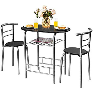 LUARANE 3 Piece Dining Set, Breakfast Table Set w/Metal Frame and Storage Shelf, Compact Table and 2 Chairs Set, for Home Bistro Pub Apartment Kitchen Dining Room Cafe (Black & Silver)