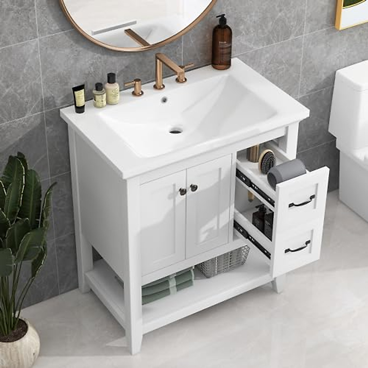 30 Inch Bathroom Vanity Cabinet with Ceramic Sink, Two-in-one Functional Drawer, Sold Wood Legs, White