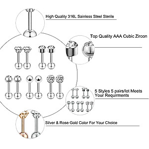 5 Pairs Ball Stud Earrings Stainless Steel 18G Barbell Gartilage Earrings Helix Earrings 4mm CZ Ear Piercing Set (Silver)