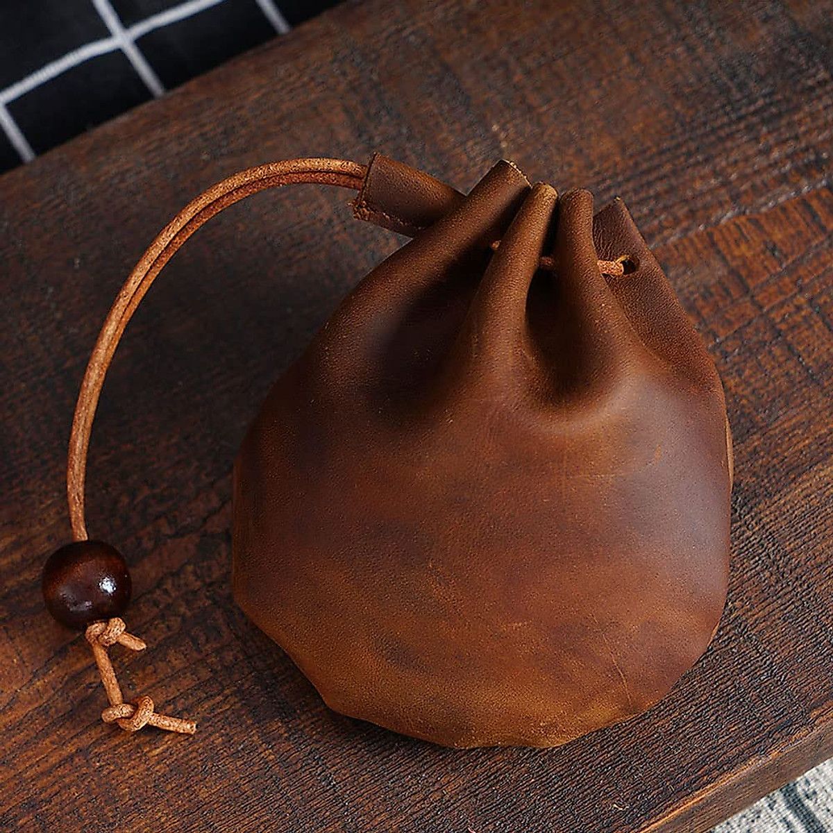 Wugebud 1 Pcs Mini Leather Drawstring Coin Purse Vintage Leather Coin Bag, Coin Organizer, Change Holder,Leather Drawstring Pouch for Men & Women