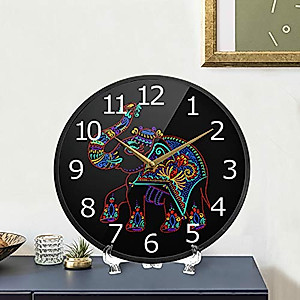 ALAZA Ethnic Folk Art Indian Elephant Acrylic Painted Silent Non-Ticking Round Wall Clock, 9.5 Inch Battery Operated Quiet Desk Clock Home Art Bedroom Living Dorm Room Office School Decor