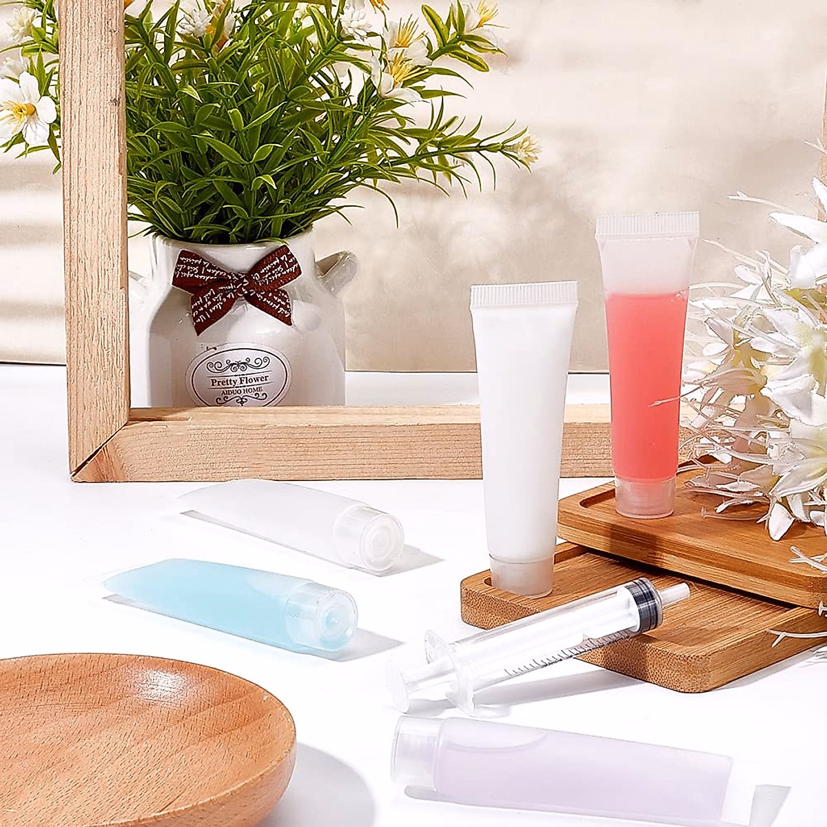 BENECREAT 30 Pack 0.5oz Clear Empty Tubes with Plastic Syringes Clear Squeezable Cosmetic Containers Refillable Plastic Tubes for Shampoo Facial Cleanser Makeup Sample