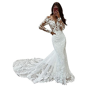 BEAUTFOR Womens Long Sleeve Lace Bohe Wedding Dresses Mermaid Illusion Top Ivory Bridal Gowns for Beach Wedding Party US Size 2