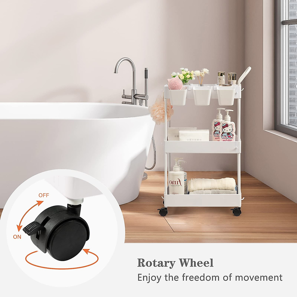 danpinera 3 Tier Rolling Utility Cart with Hooks & Handle Storage Organization Shelves Coffee Bar Cart Service Cart Trolley for Kitchen, Bathroom, Office, Workshop (Dark Blue)