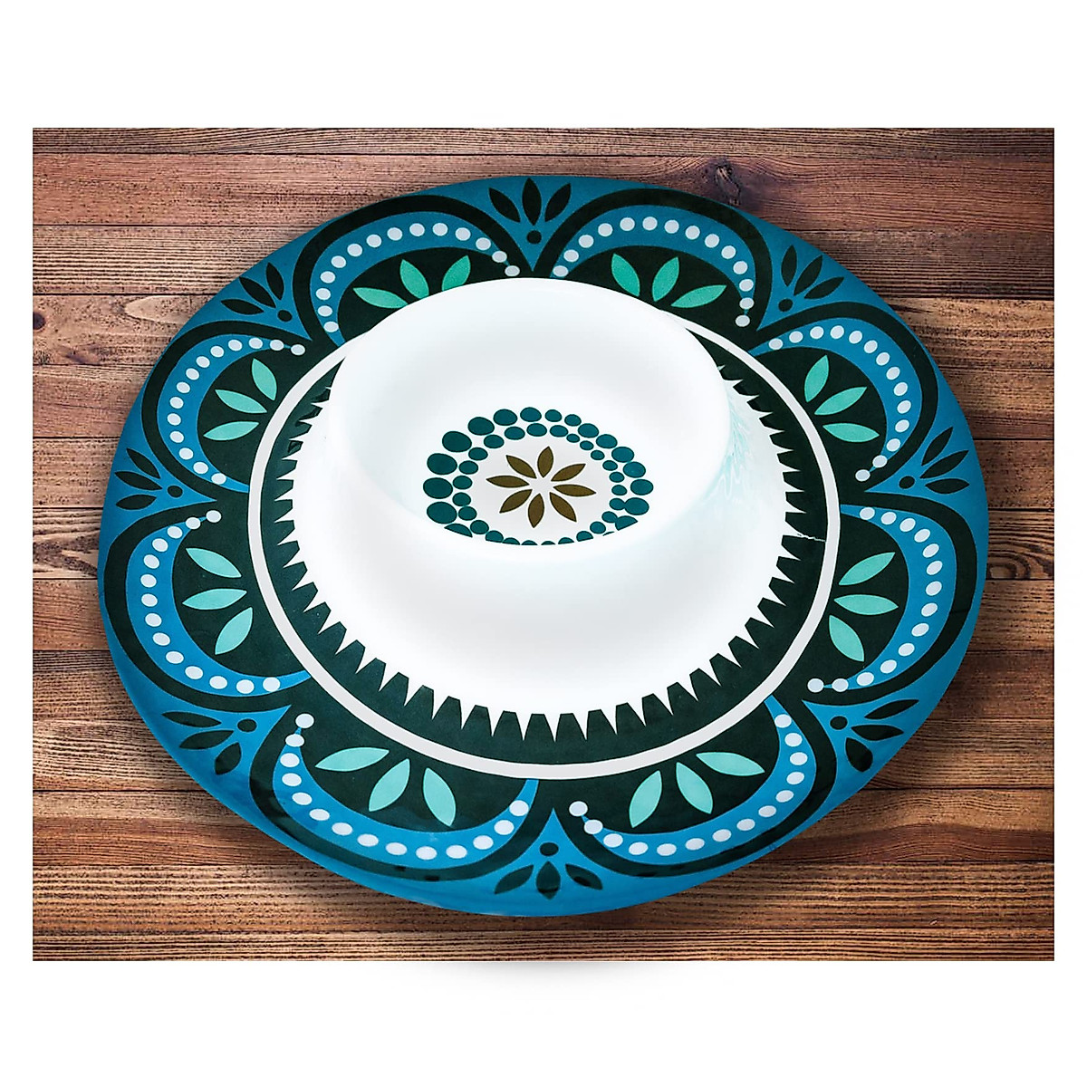 WunderfulThings Chip Dip Bowl Chips & Salsa Dish All-in-One JUMBO Serving Bowl for Chips and Dip - Shatter Resistant Embossed Melamine (hard plastic resin)