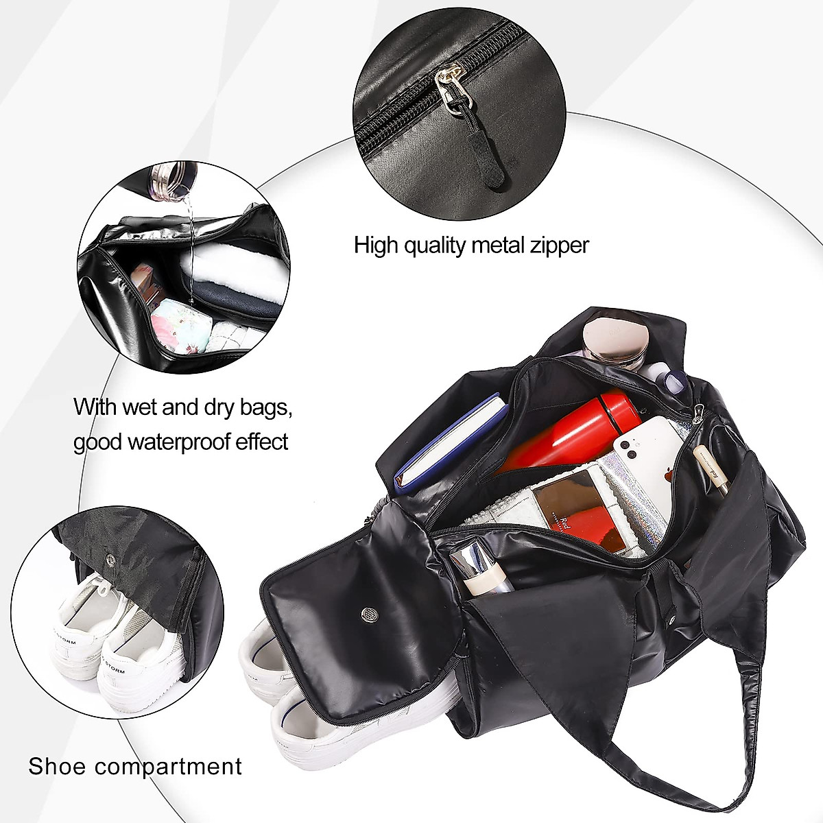 Bounmer Sports Gym Bag Travel Duffel Bag with Dry Wet Pocket and Shoes Compartment for Women, Large Waterproof Foldable Yoga Bag Weekend Bag for Beach Swim Pool Sports Gym (Black)