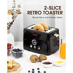 2 Slice Toaster, Retro Bread Toaster with LED Digital Countdown Timer, Extra Wide Slots Toasters with 6 Shade Settings, Bagel, Cancel, Defrost Function, High Lift Lever, Removal Crumb Tray, Black