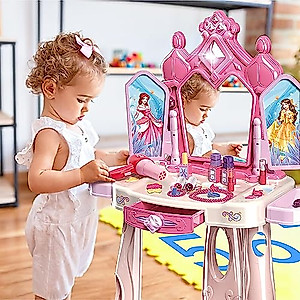 Pretend Play Girls Makeup Table Set with Stool，Open Doors by Gestures，Kids Vanity Set with Lights and Music，Toddler Beauty Salon Set with Makeup Accessories & Hair Dryer Toy for Toddlers 3-5 Years Old