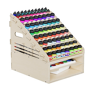 YAGEANNL Wooden Paint Organizer, Paint Rack Organizer with 76 Holes of 2 Sizes and 16 Brush Holders, 2 Cabinets Suitable for Citadel Paints, Craft Paint Storage Organizer for Miniature Paint Set